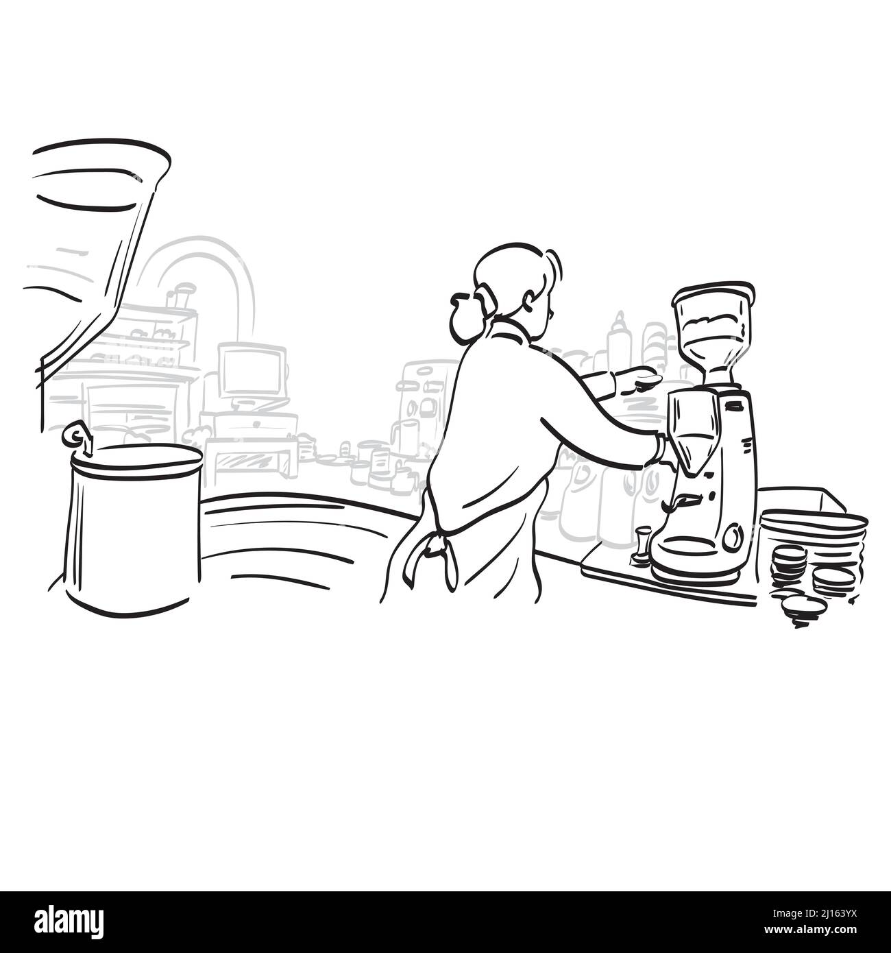back view of female barista with apron makes coffee for visitor in her ...
