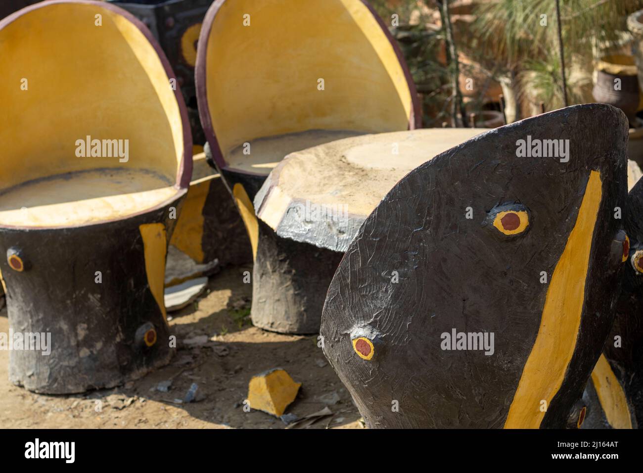 Gardening cement wooden pattern chairs and table Stock Photo - Alamy