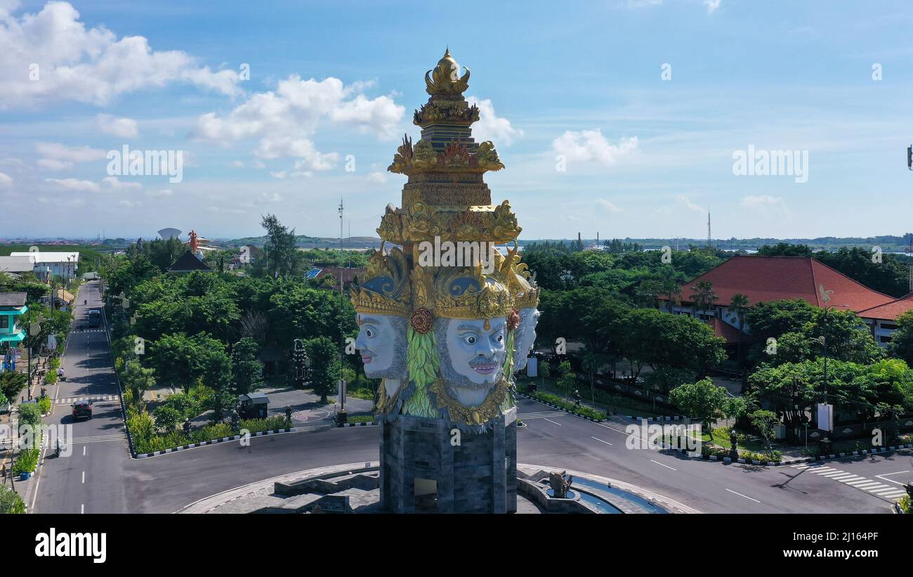 The Catur Muka Statue at Port of Benoa in Bali. Aerial roundabout with ...