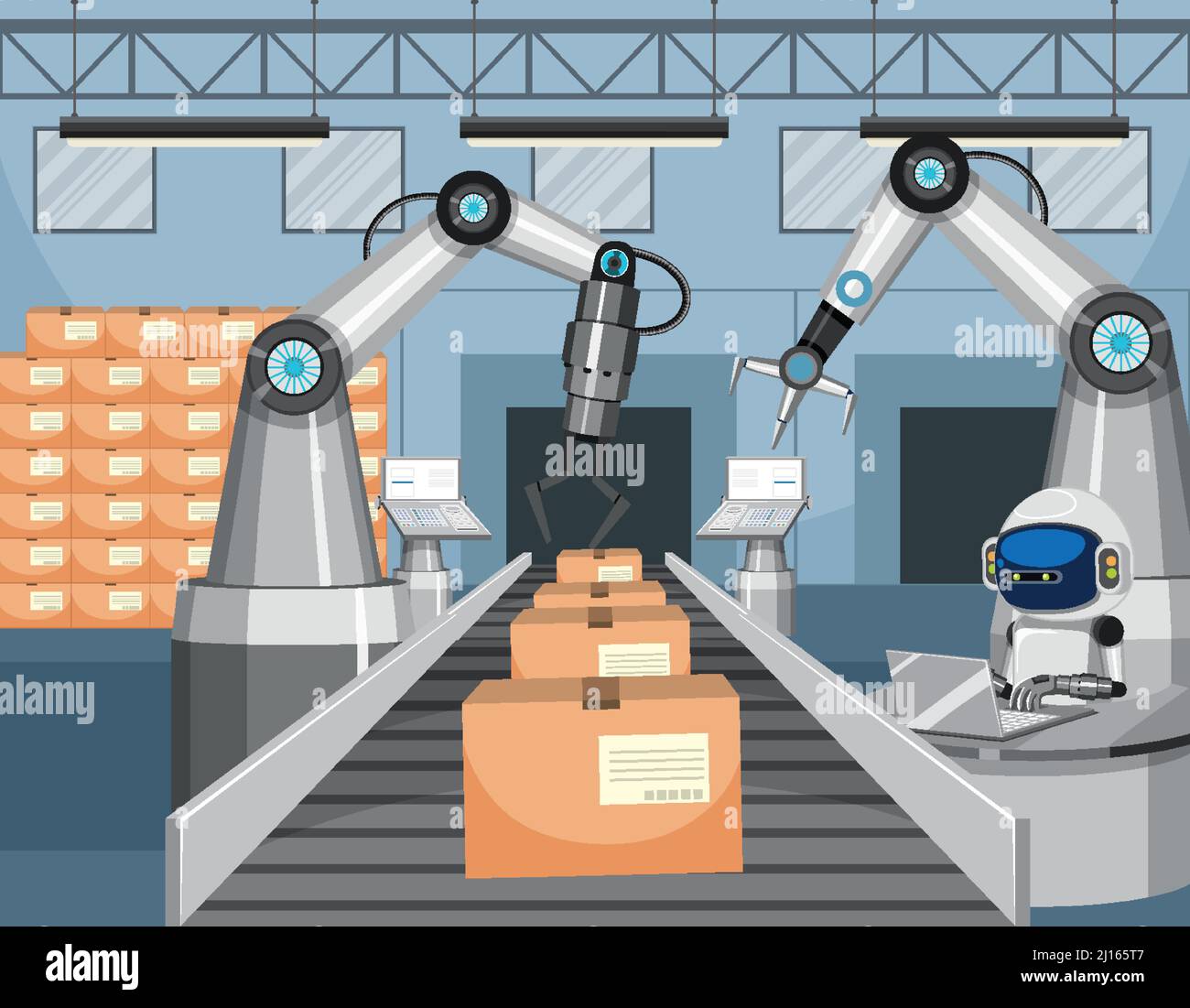 Automation industry concept with assembly line robots illustration ...
