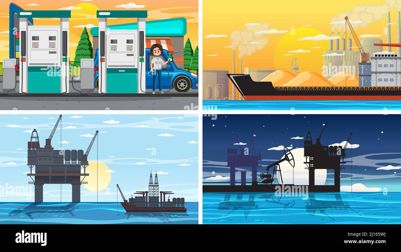 Set of oil petrol and gas relevant scene illustration Stock Vector ...