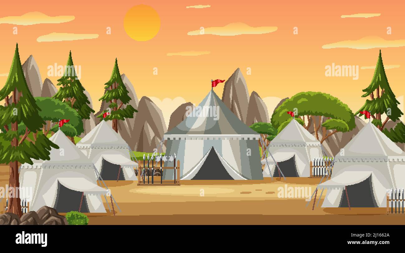 Medieval town scene camp with tents illustration Stock Vector Image ...