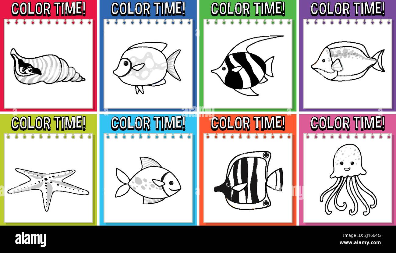A set of Worksheets template with color time text and fish outline ...