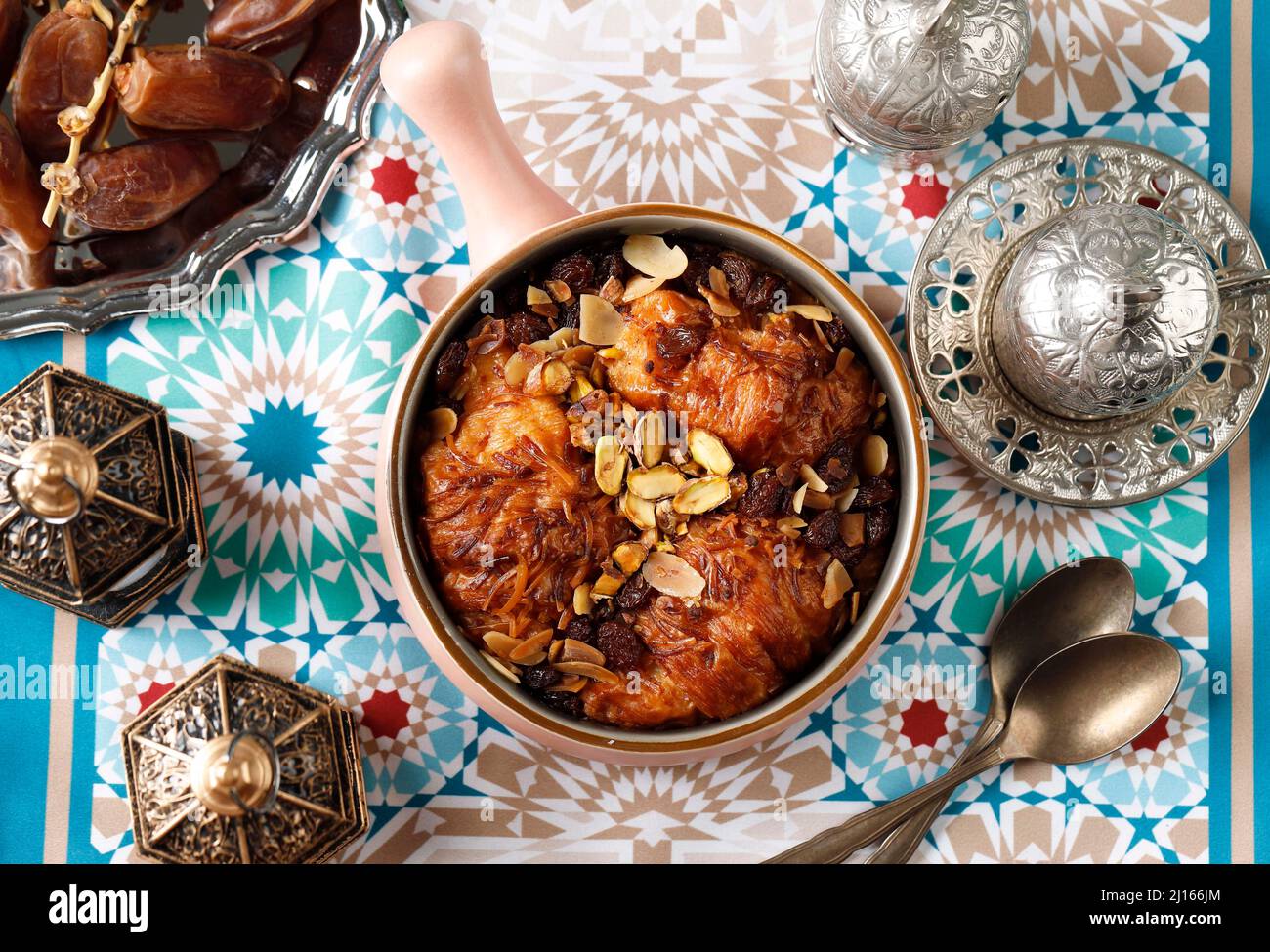 Top View Pastry Croissant Creamy Bread Pudding, Egyptian Um Ali or Oum ...