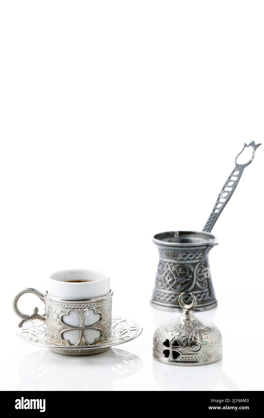 Turkish Coffee with Ibrik Isolated on White Stock Photo - Alamy