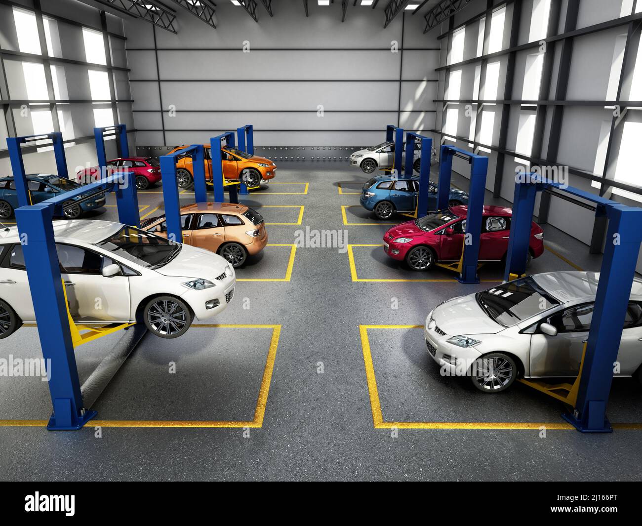 Automobile repair shop or car repair garage interior with cars on the ...