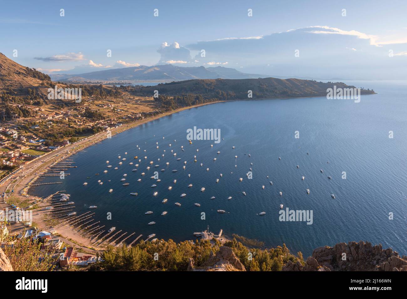 aerial view to Copacabana port area by sunny evening at Lake Titicaca ...