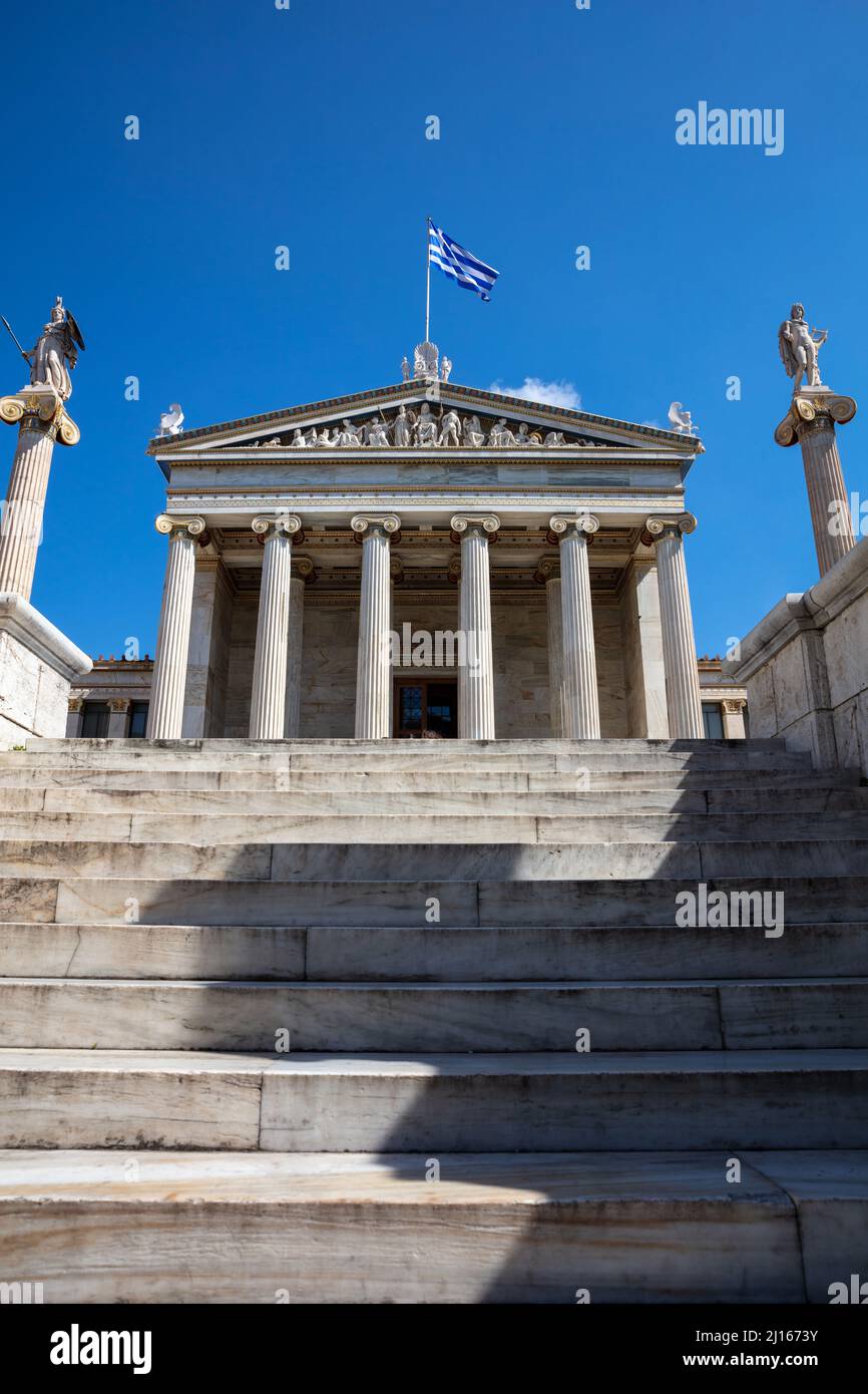 Greece Academy of Athens. main building and stairs, low angle view ...