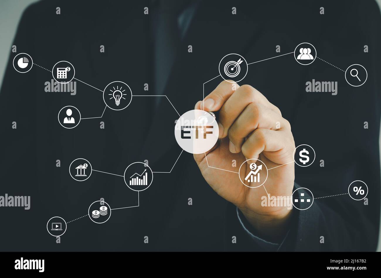 Hand businessman icon ETF Exchange Traded Fund virtual screen Internet ...