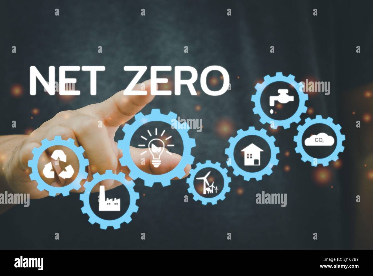Businessman touching net zero save the eco world and reduce pollution ...