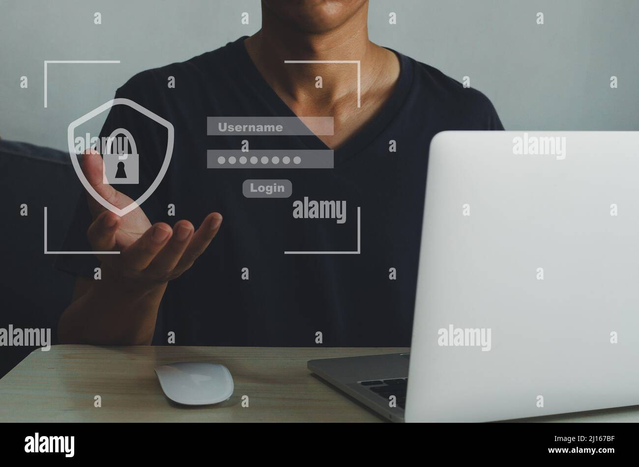 Man using computer laptop login page username and password on a virtual ...