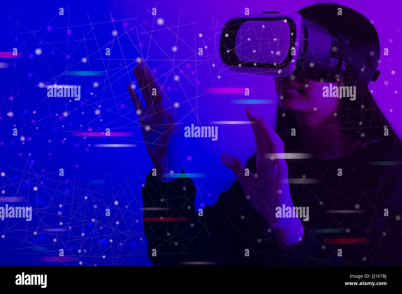 woman wearing VR glasses touch virtual screen metaverse technology ...