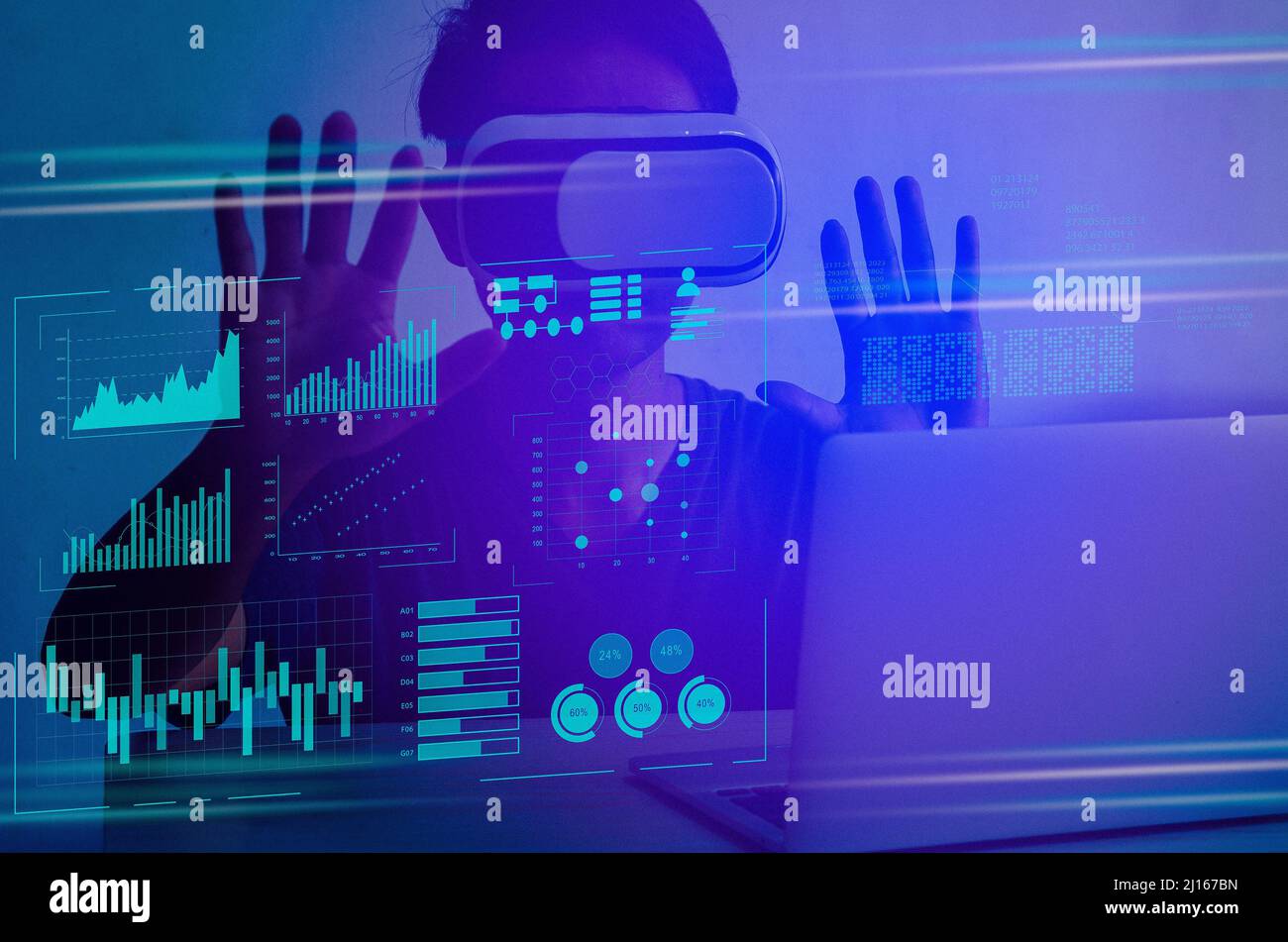 man wearing VR glasses touch virtual screen metaverse technology global ...