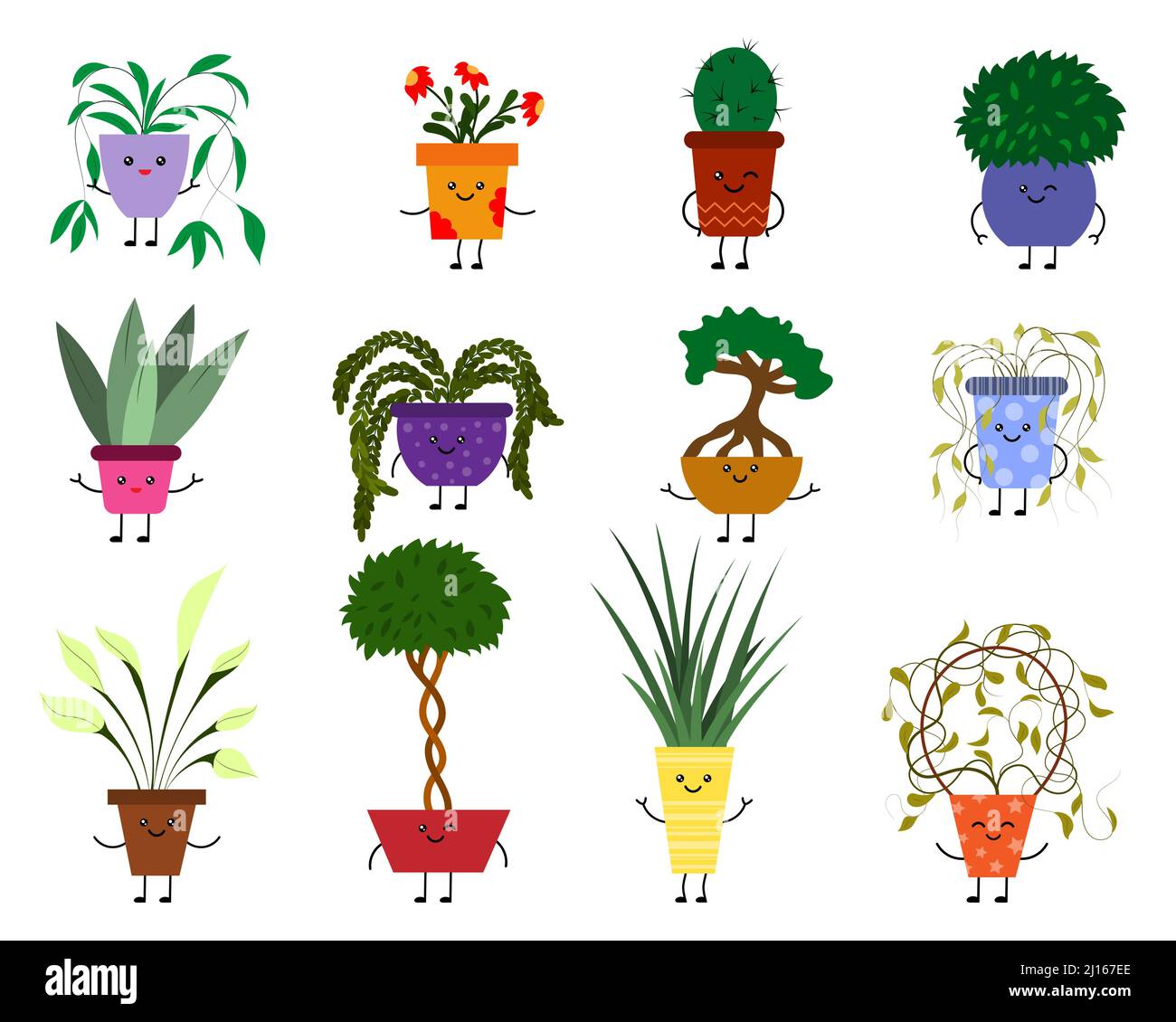 A set of smiling Kawaii houseplants with arms and legs. Flat style ...