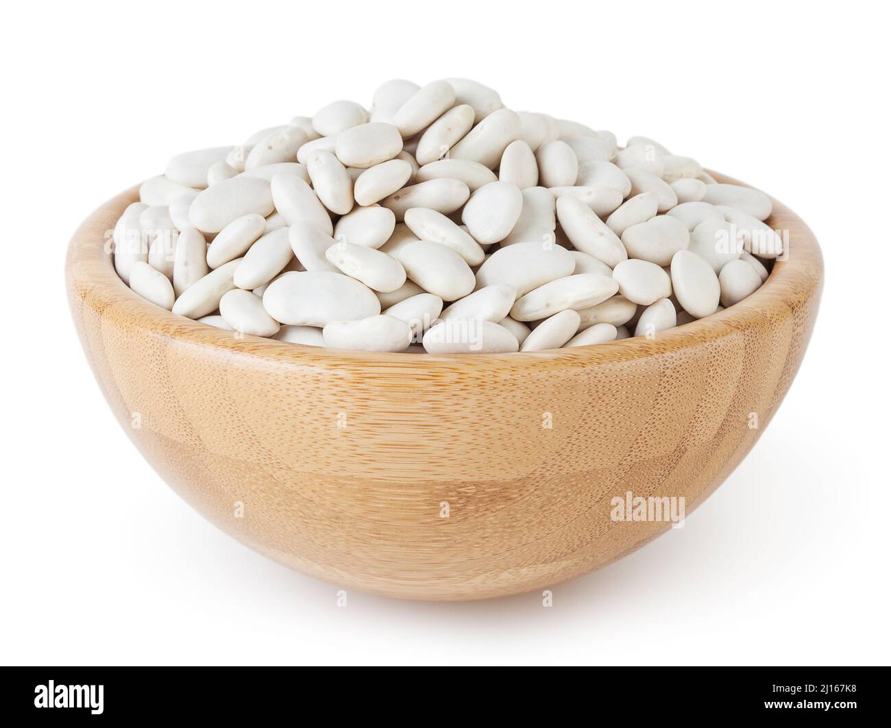 Uncooked white beans in wooden bowl isolated on white background with ...