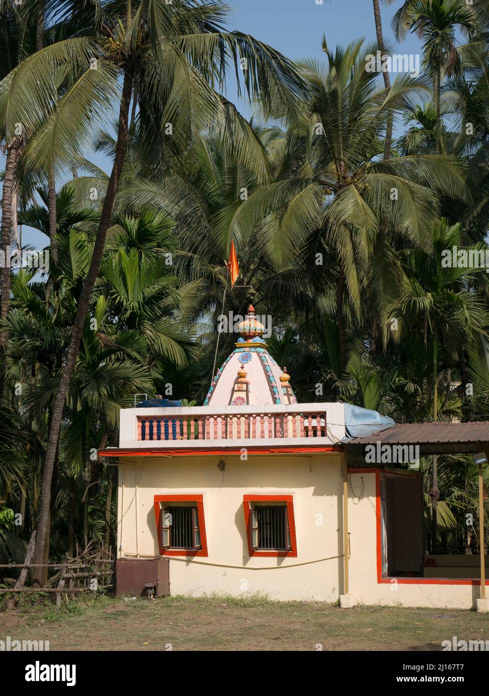 Hindu temple surrounded by Palm trees at Revdanda near Alibag state ...