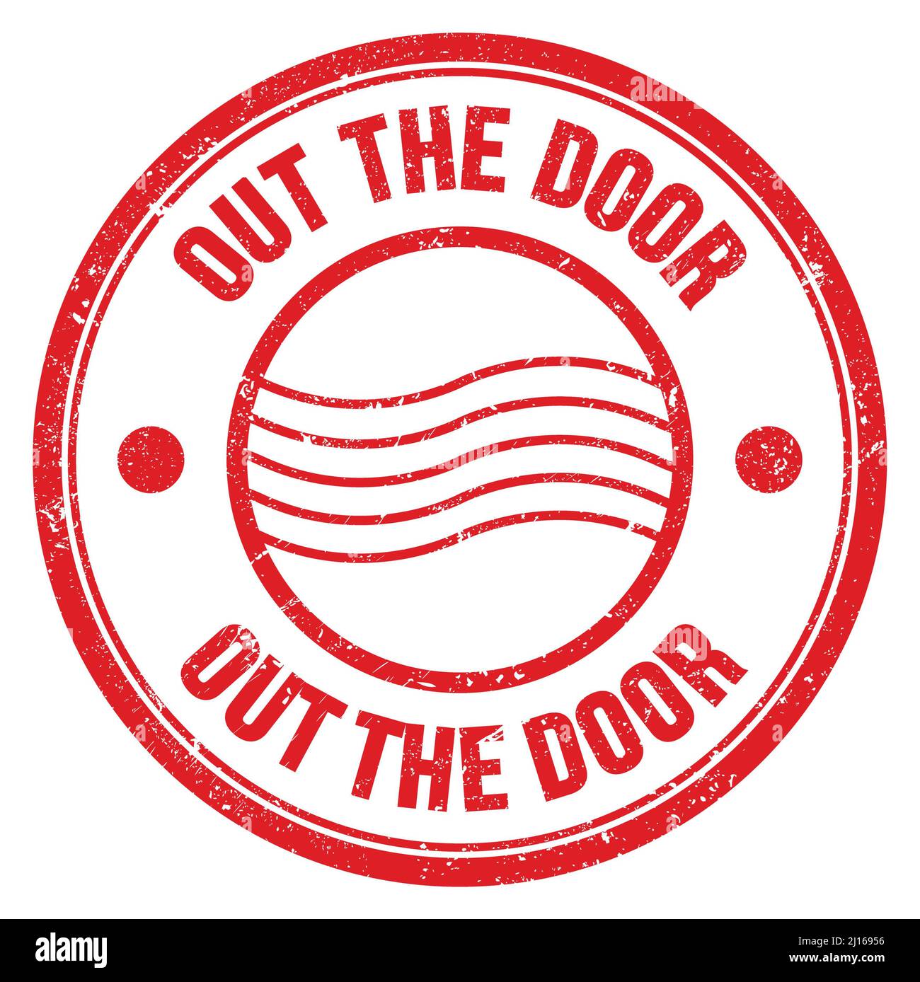OUT THE DOOR word written on red round postal stamp sign Stock Photo ...