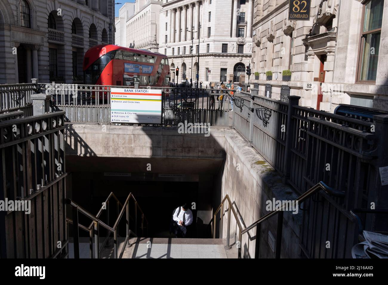 A commuter exits Bank Underground Station at the Lombard Street ...