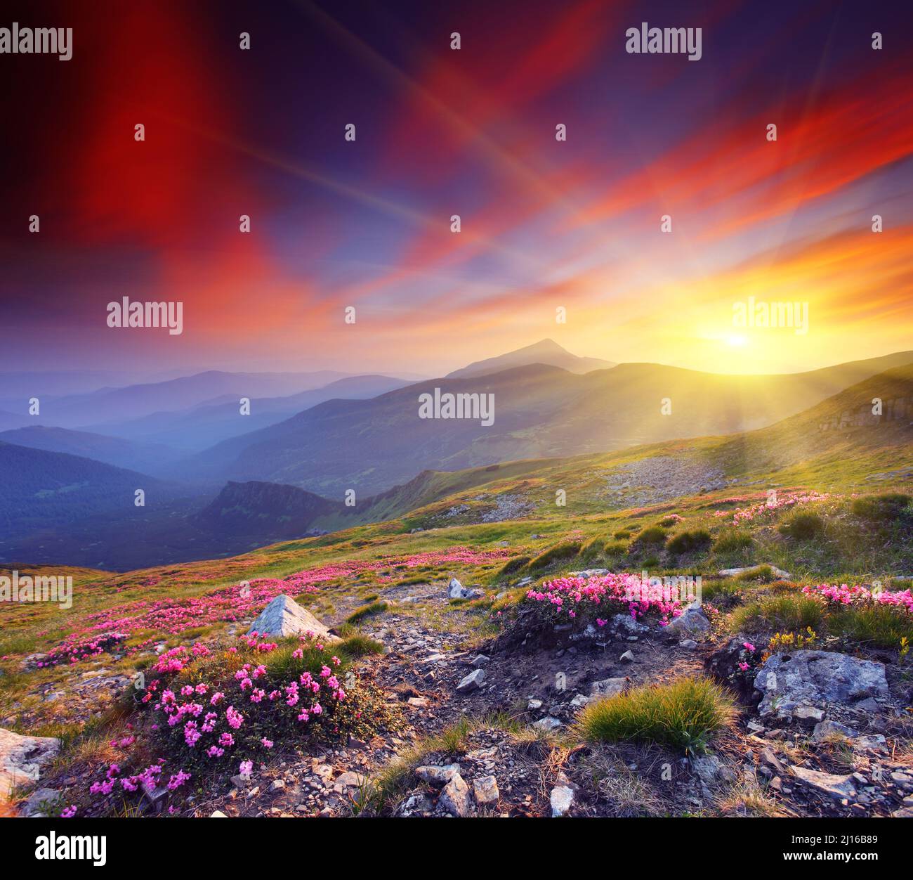 Landscape with mountains under morning sky with clouds Stock Photo - Alamy