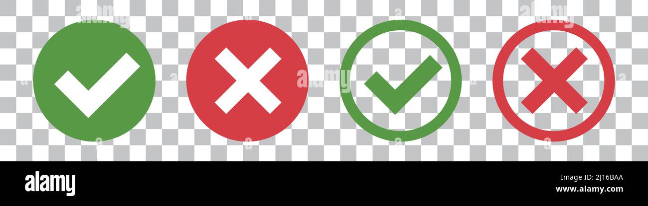 Set of check mark and cross mark icons isolated on transparent ...