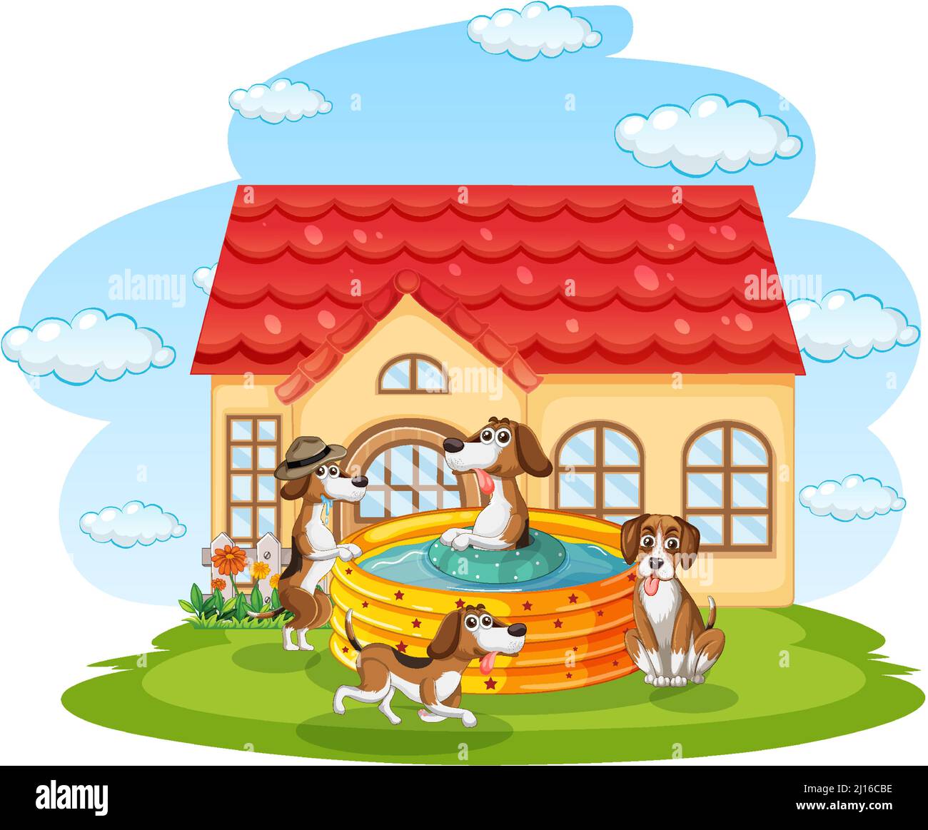 Four dogs playing in the pool at home illustration Stock Vector Image ...