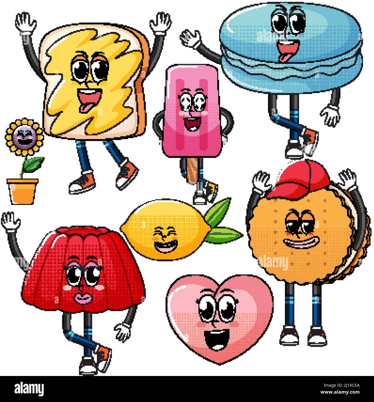 Set of facial expression with vintage style food cartoon on white ...