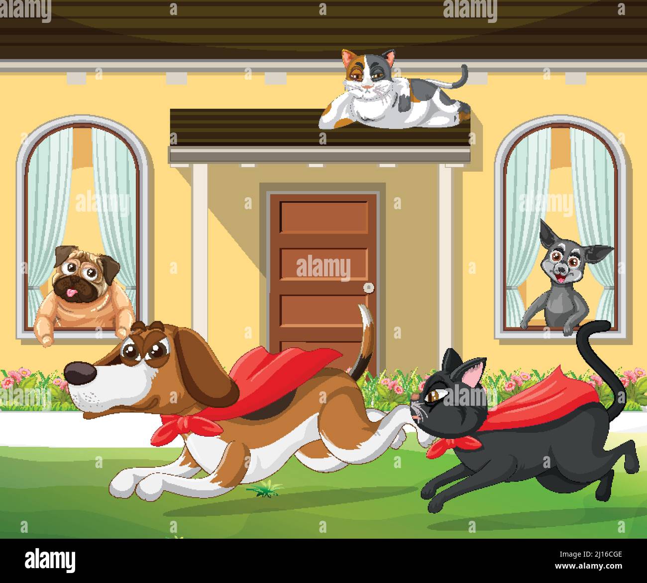 Outdoor scene with cartoon cats and dogs illustration Stock Vector ...