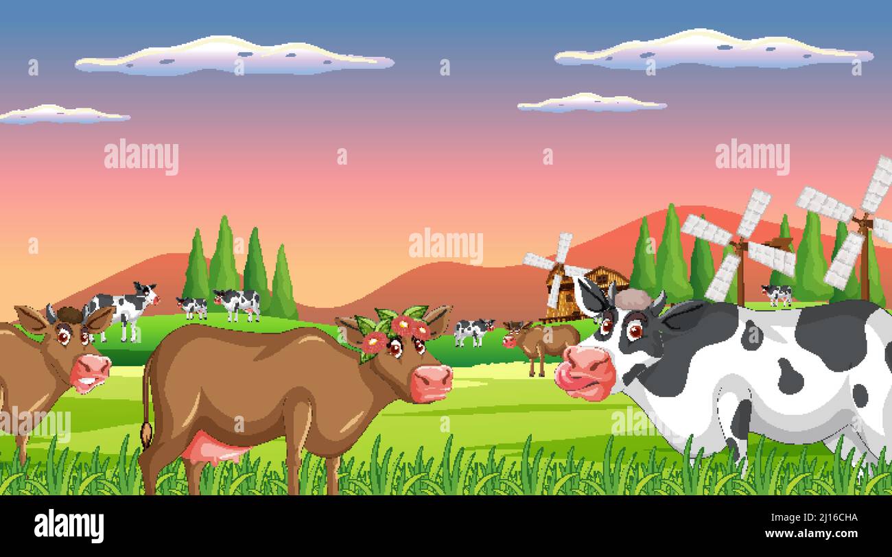 Outdoor cow farm scene with happy animals cartoon illustration Stock ...