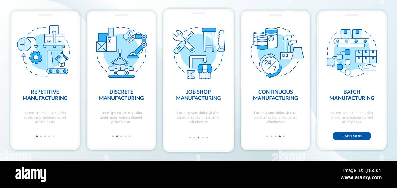 Types Of Manufacturing Processes Blue Onboarding Mobile App Screen
