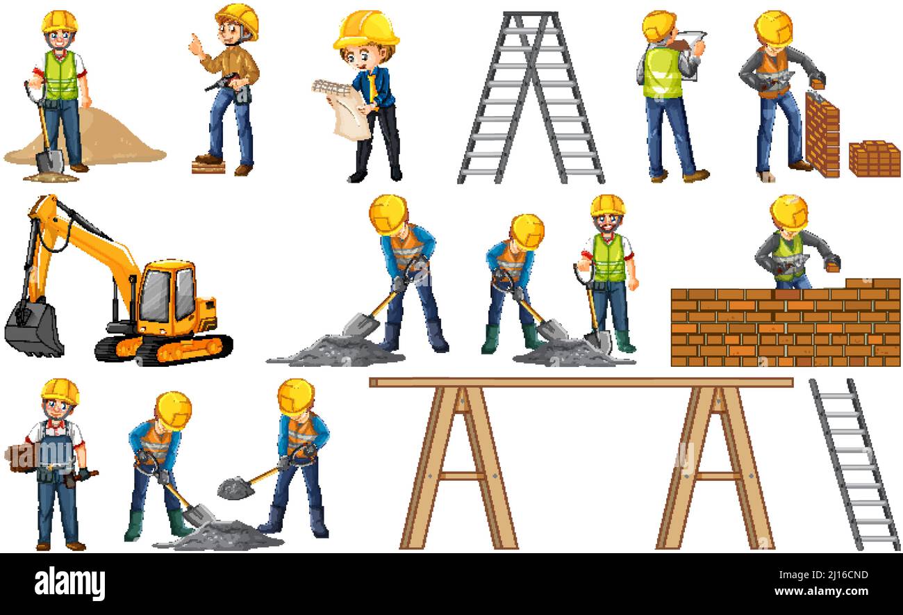Construction worker set with man doing different jobs illustration ...