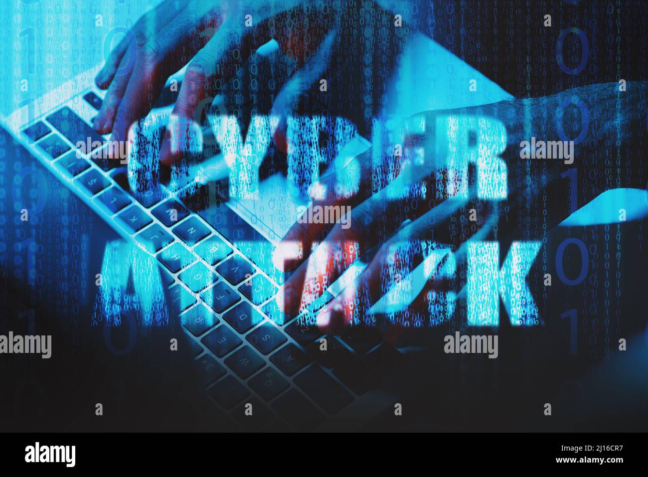 A man Using a laptop computer under blue light, one and zero digits on ...