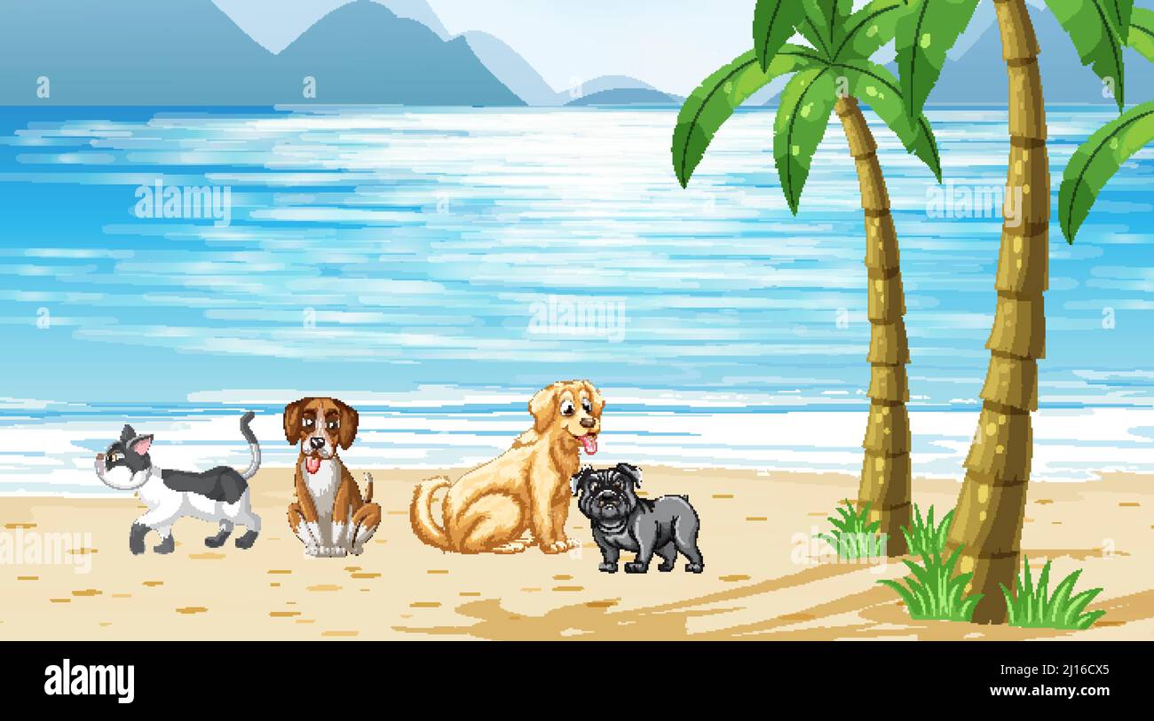 Set of different domestic animals on the beach scene illustration Stock ...