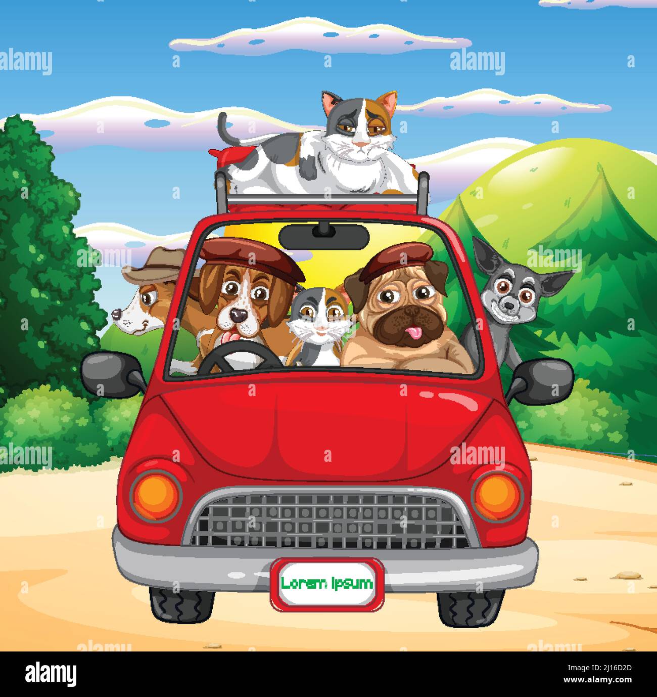 Cartoon dogs and cats on road trip illustration Stock Vector Image ...