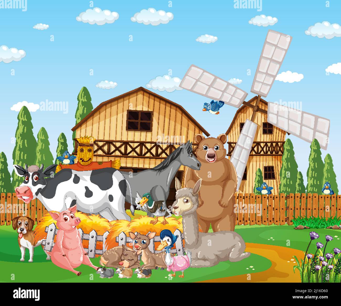 Farm scene with many animals by the barn illustration Stock Vector ...