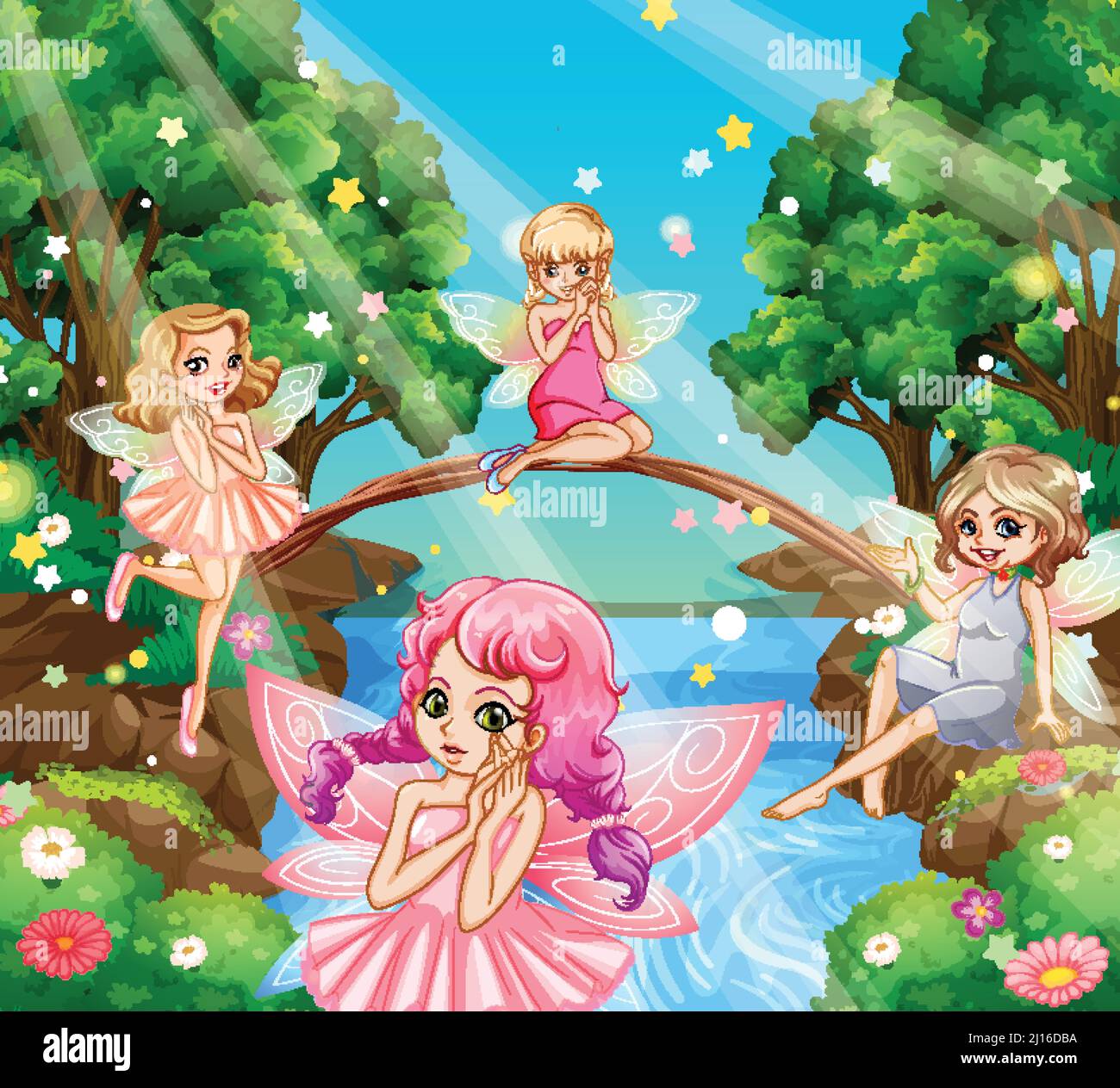 Fantastic forest scene with beautiful fairies illustration Stock Vector ...