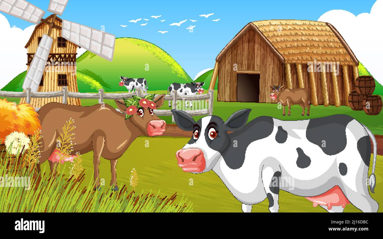 Outdoor cow farm scene with happy animals cartoon illustration Stock ...