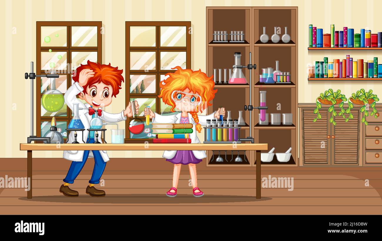Laboratory scene with scientist cartoon character illustration Stock ...