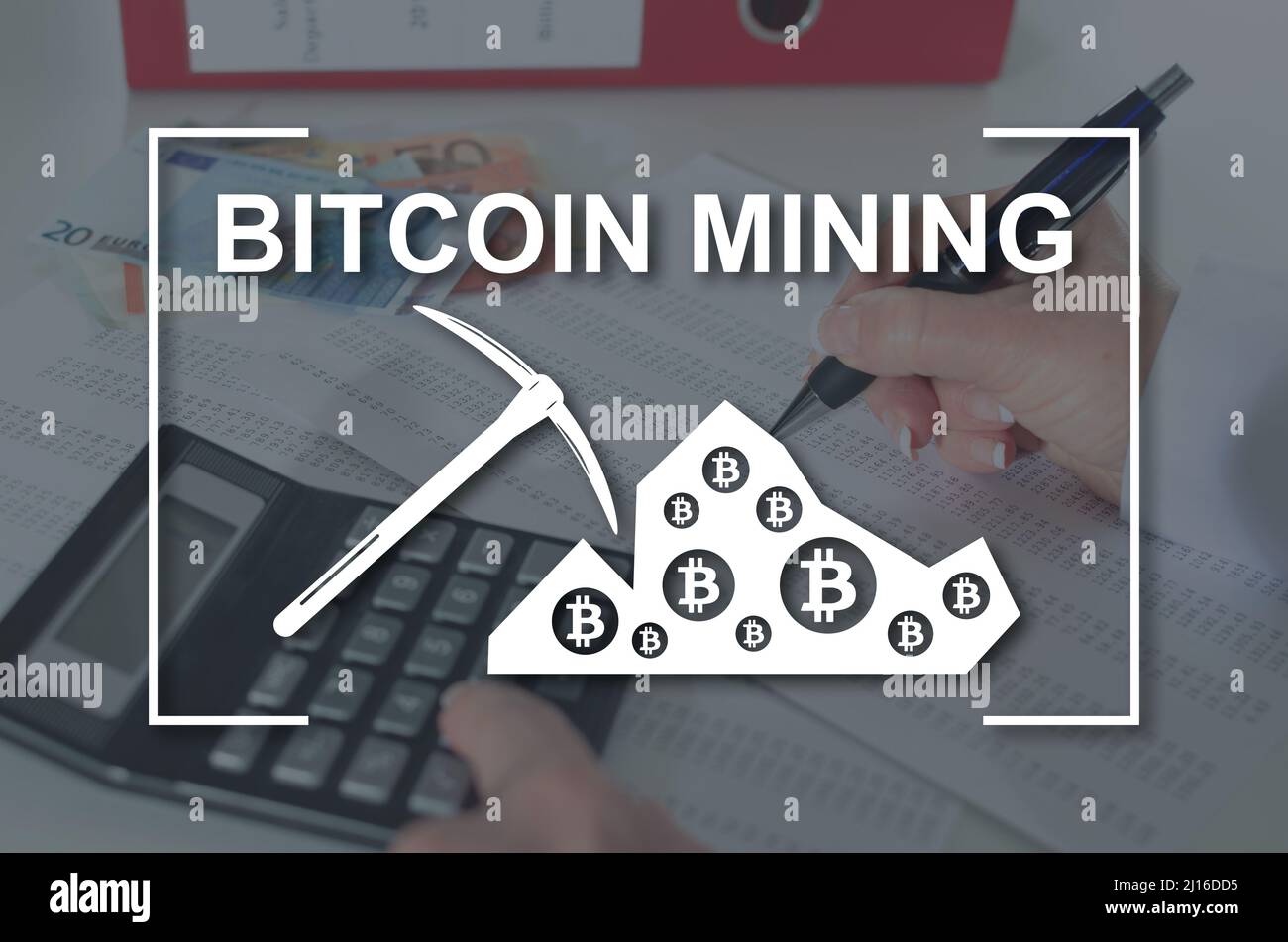 Bitcoin mining concept illustrated by a picture on background Stock ...