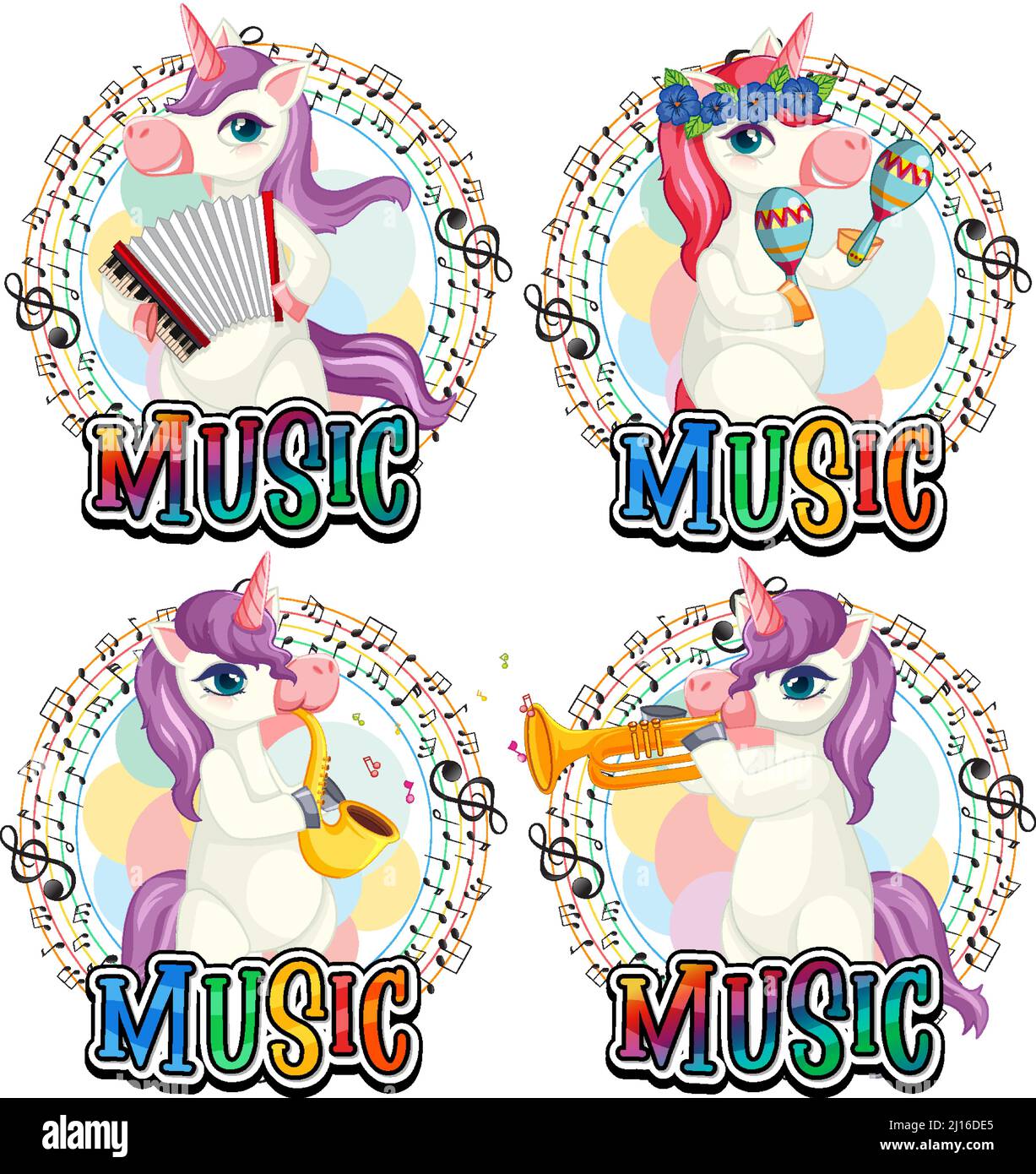 Set cute unicorn playing musical instruments with music notes on white ...