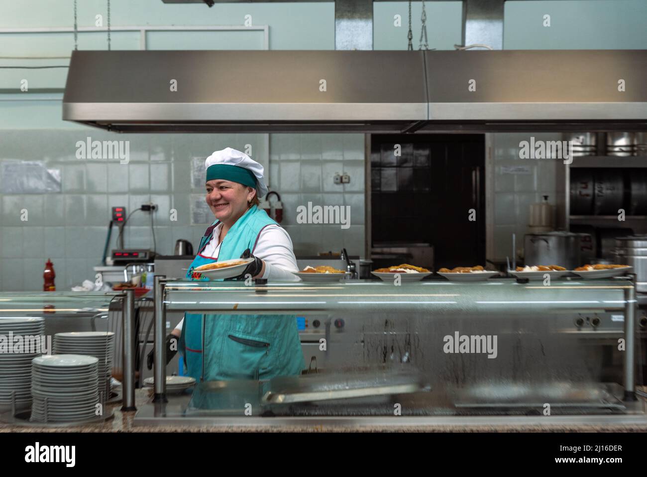 A cafeteria and kitchen workers in the Chernobyl Explosion Zone Stock ...