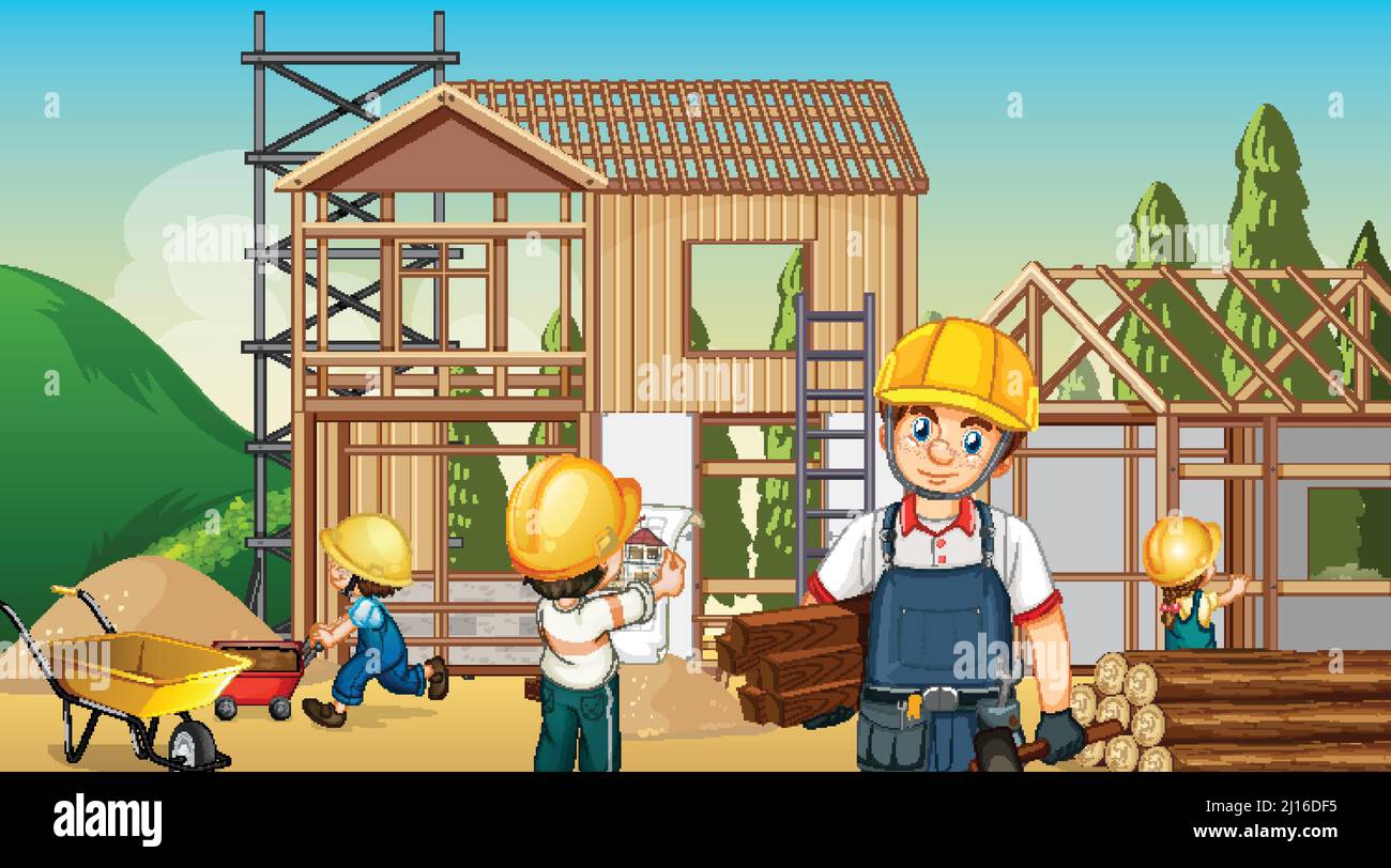 Building house construction site and workers illustration Stock Vector Image & Art - Alamy