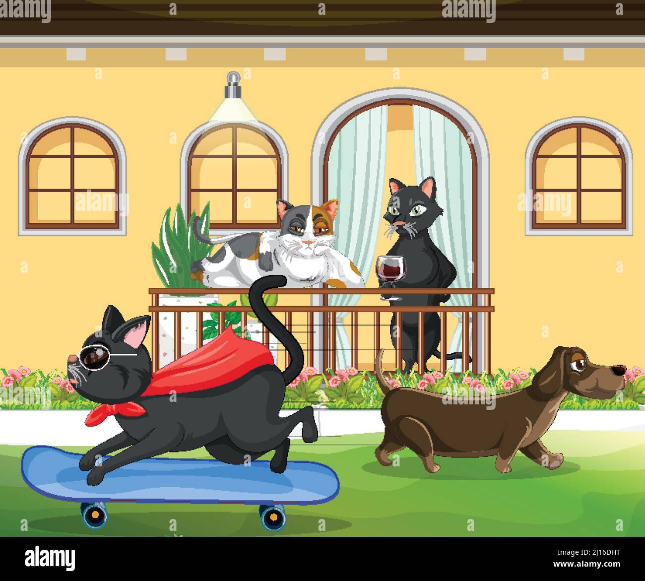 Outdoor scene with cartoon cats and dogs illustration Stock Vector ...