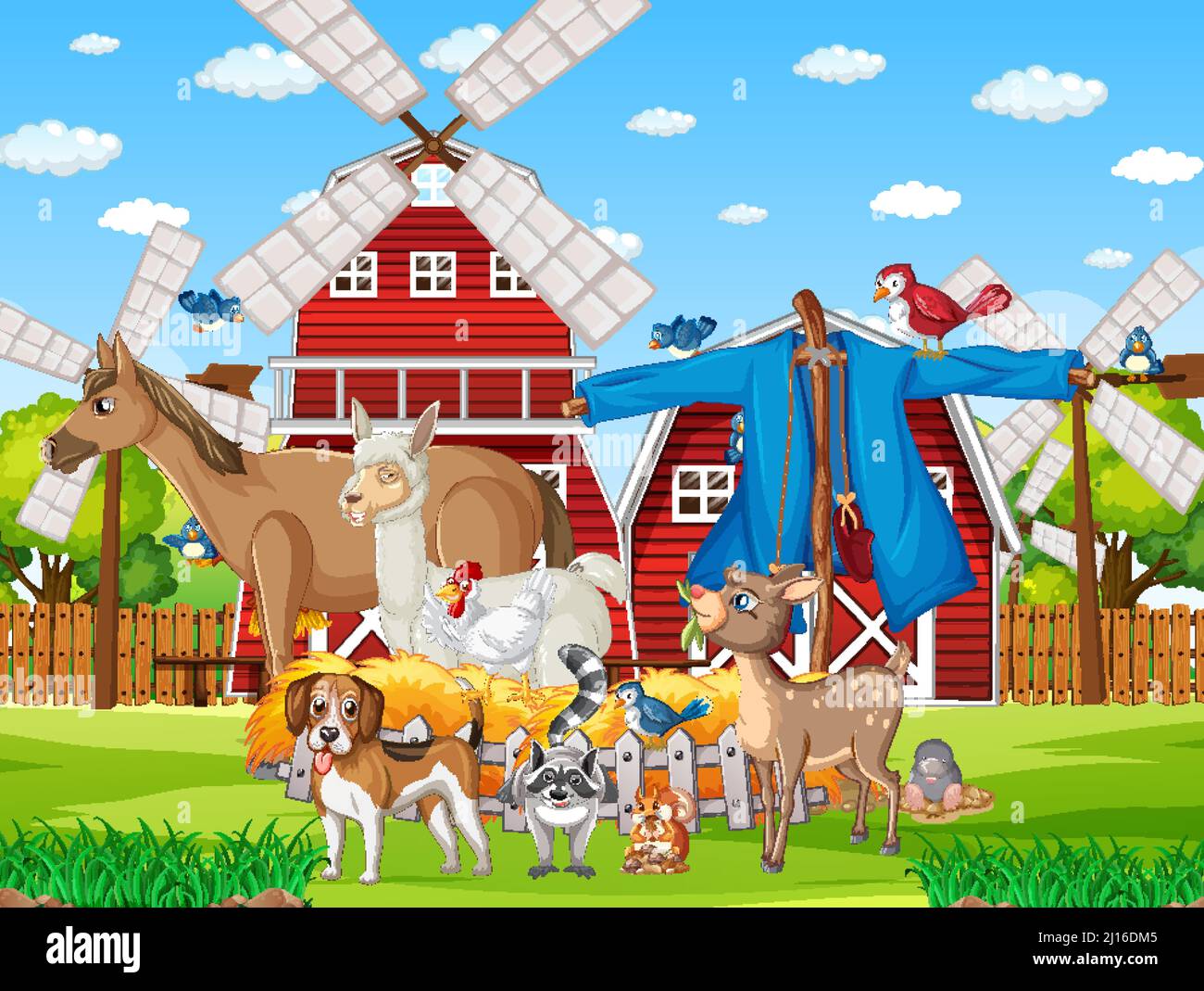 Farm scene many animals by the barn illustration Stock Vector Image ...