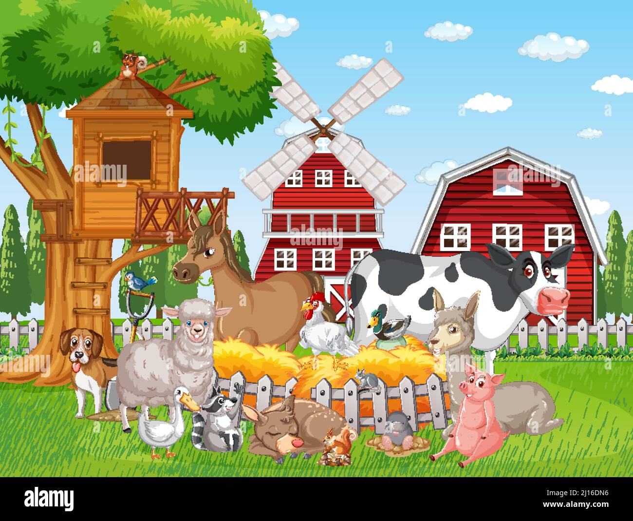 Farm scene with many animals by the barn illustration Stock Vector ...