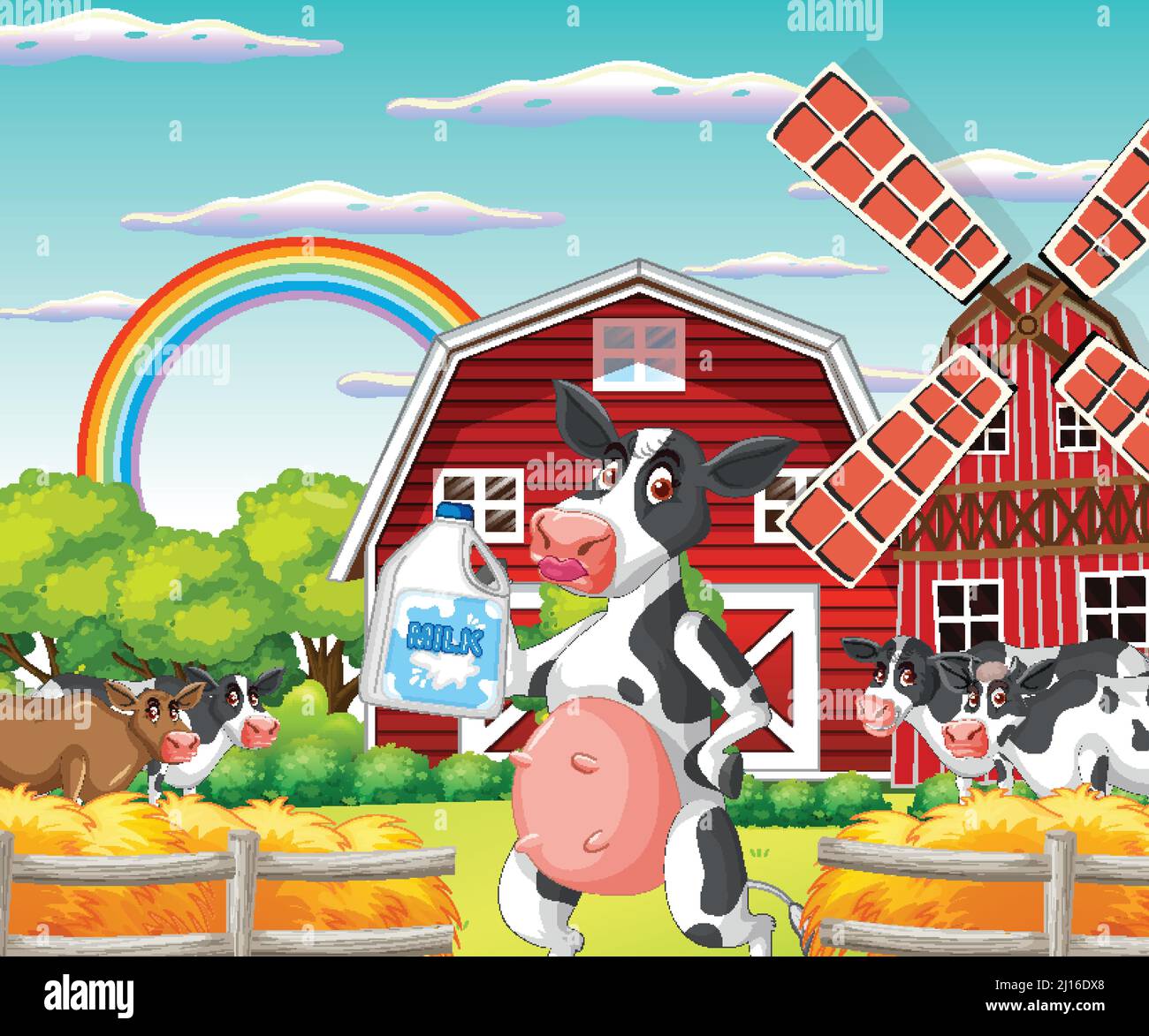 Outdoor cow farm scene with happy animals illustration Stock Vector ...