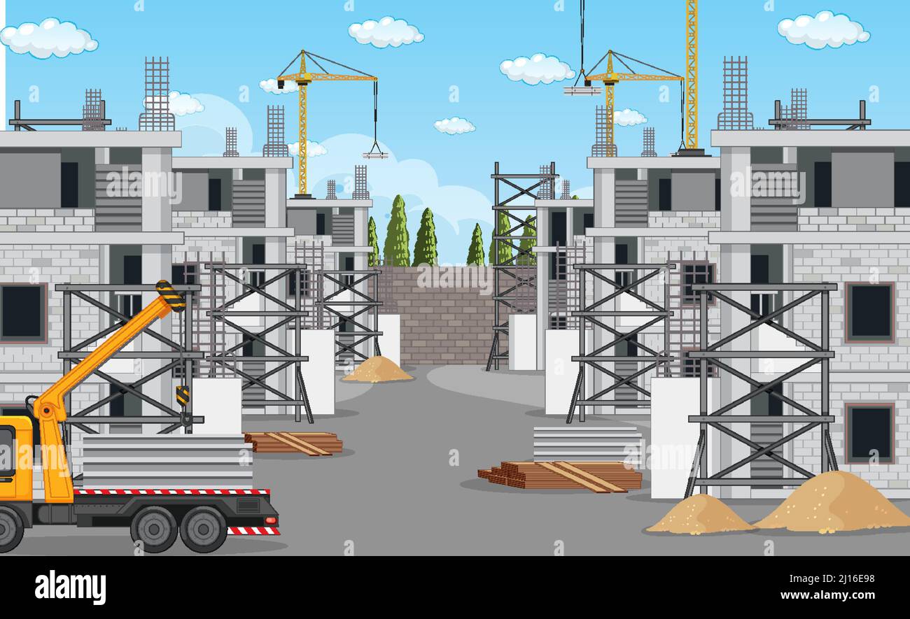 Cartoon scene of building construction site illustration Stock Vector ...