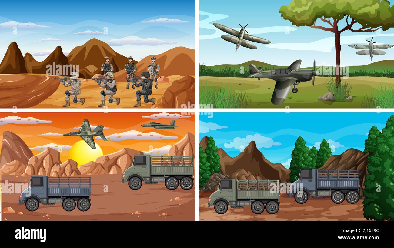 Set of different army war scenes illustration Stock Vector Image & Art ...