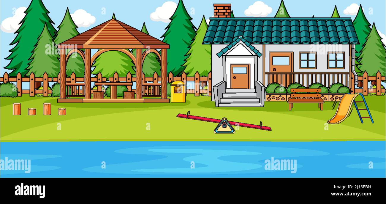 Outdoor scene with doodle house cartoon illustration Stock Vector Image ...