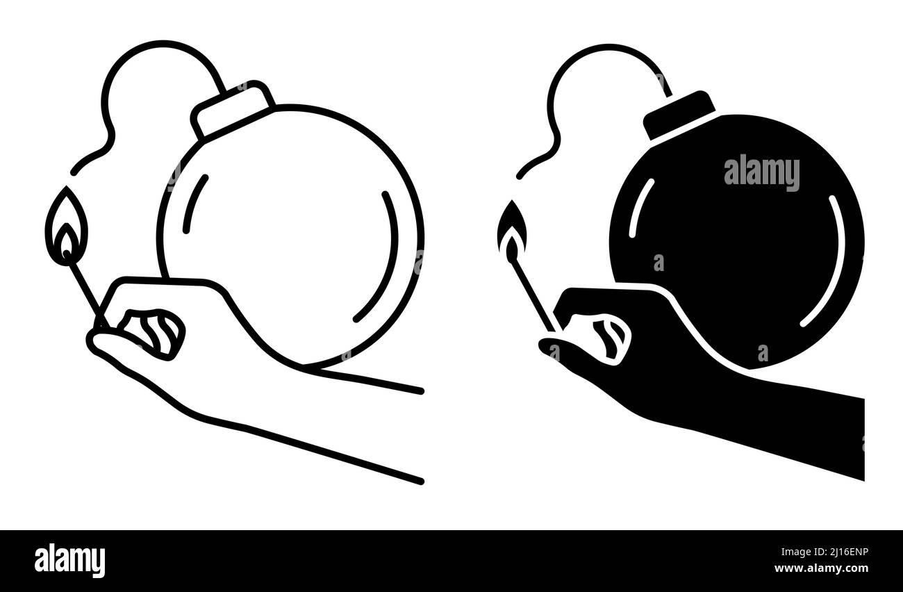 Linear icon, hand with match lights fuse of bomb. Incitement to ...