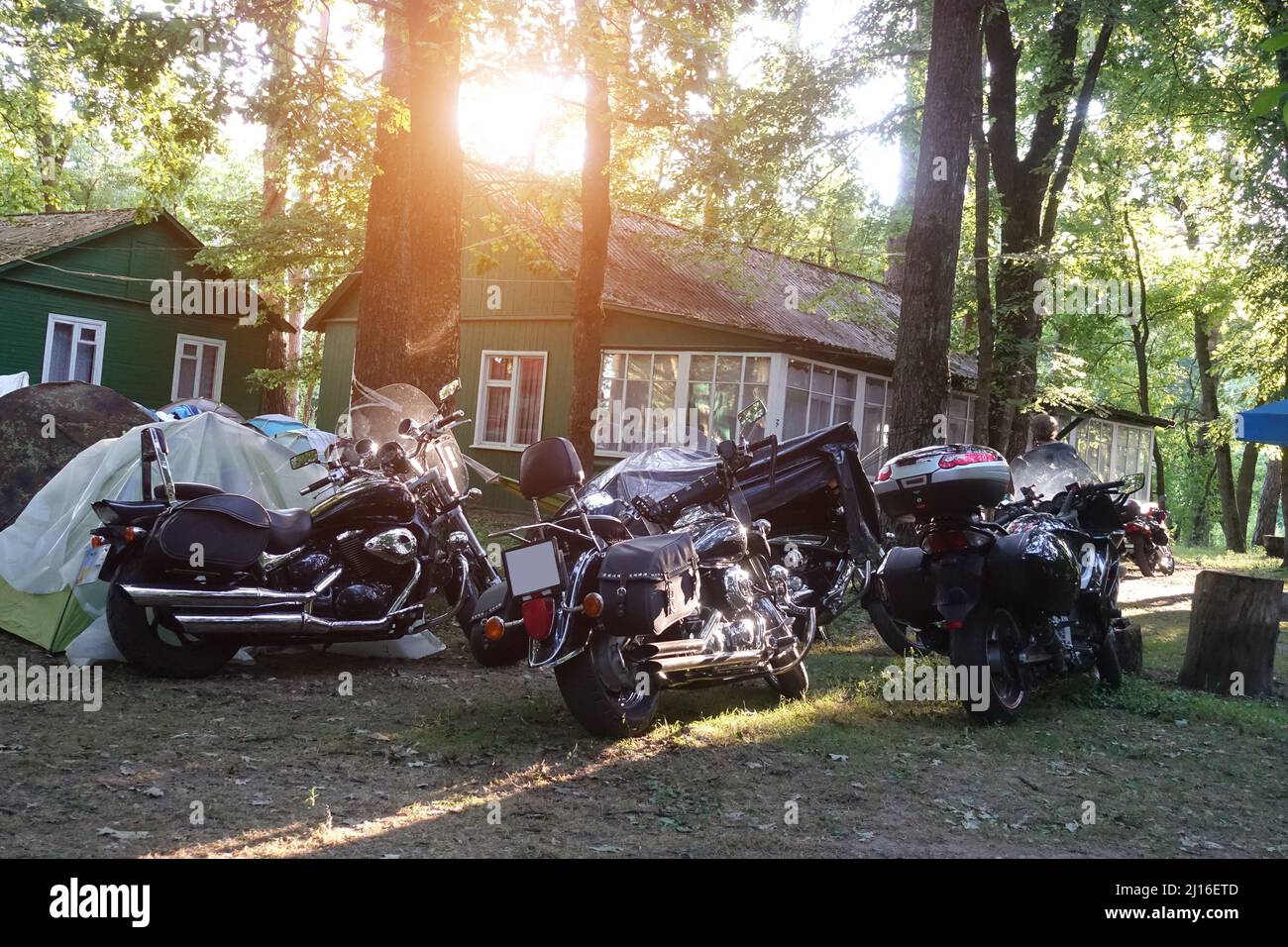 Group of motorbikes parked near a wooden house in the forest ...